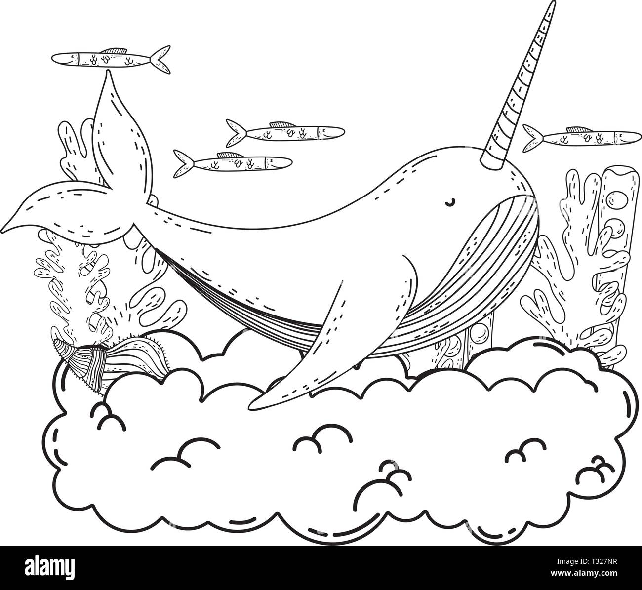 cute narval in clouds scene vector illustration design Stock Vector ...