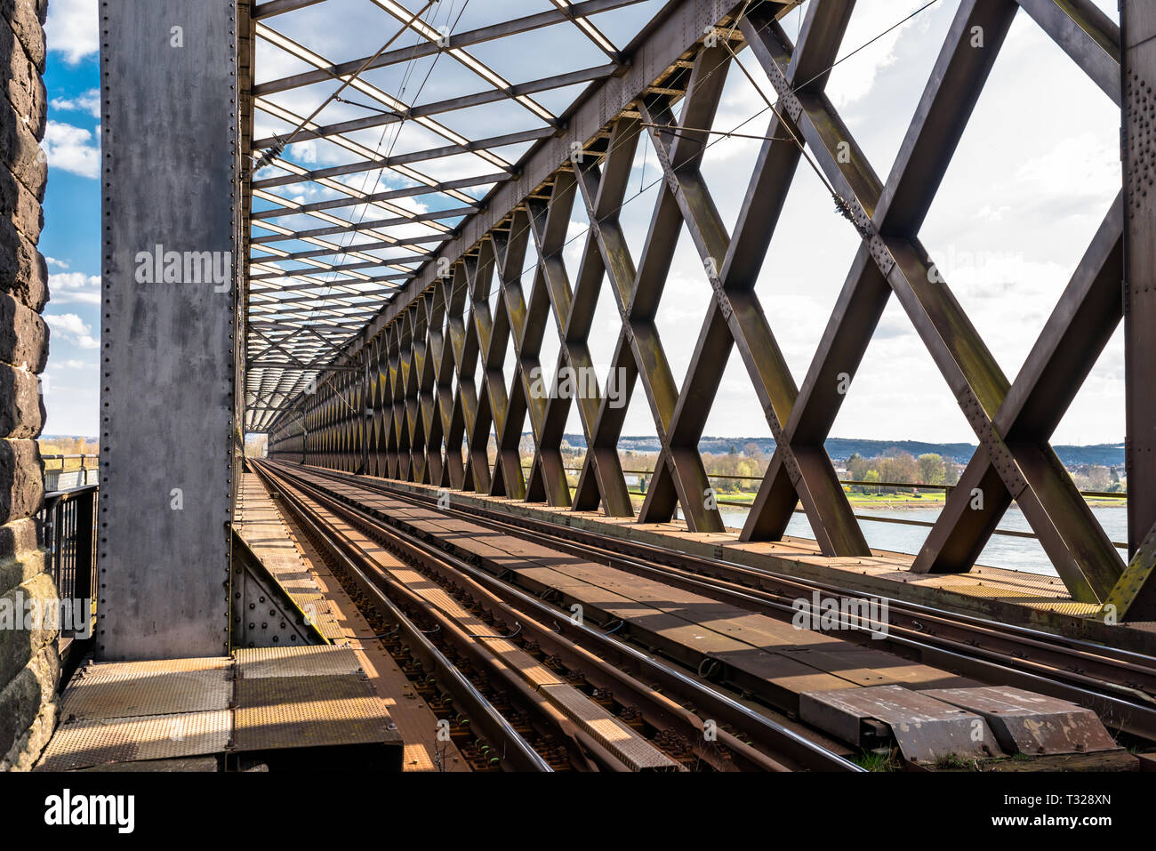 Steel, lattice structure of the railway bridge over the river, view ...