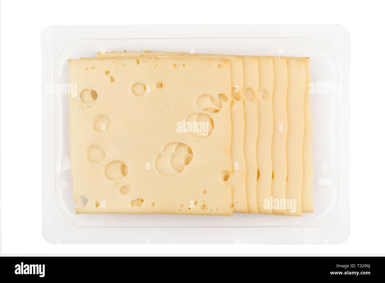 top view closeup of square cheese smoked slices with holes in packaging ...