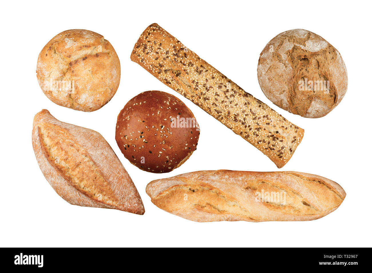 top view of different types of bread isolated on white background Stock ...