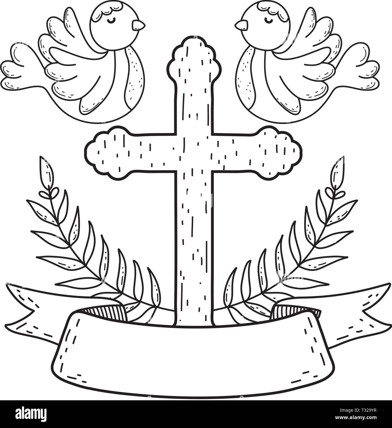 cute doves birds with cross vector illustration design Stock Vector ...