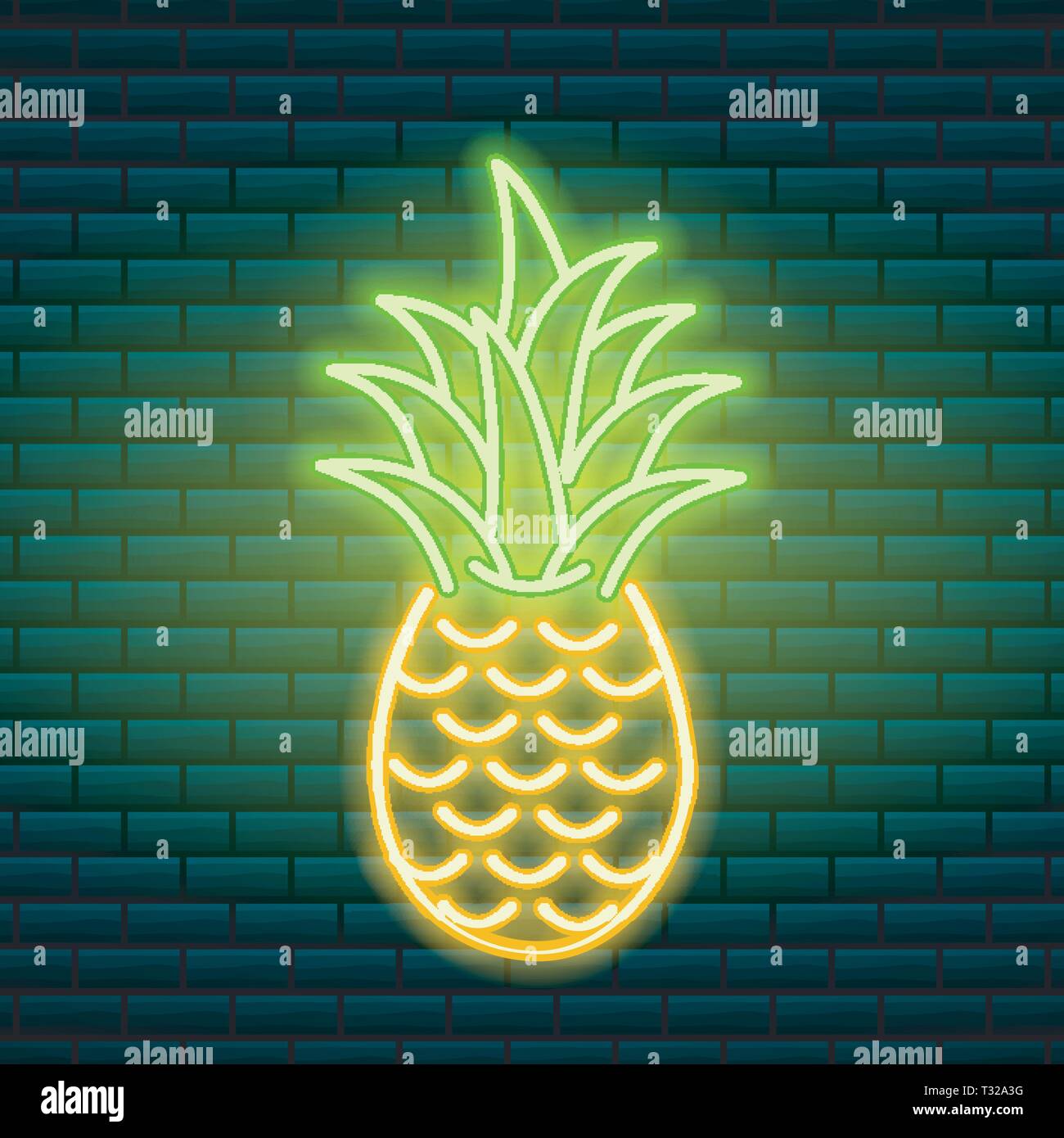 Neon pineapple. Tropical sign. Summer plant, leaves. Night bright ...