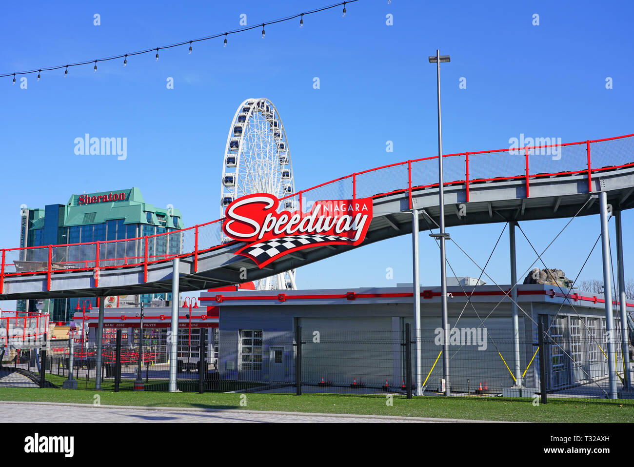 NIAGARA FALLS, CANADA -27 MAR 2019- View of the Niagara Speedway rollercoaster tourist ...