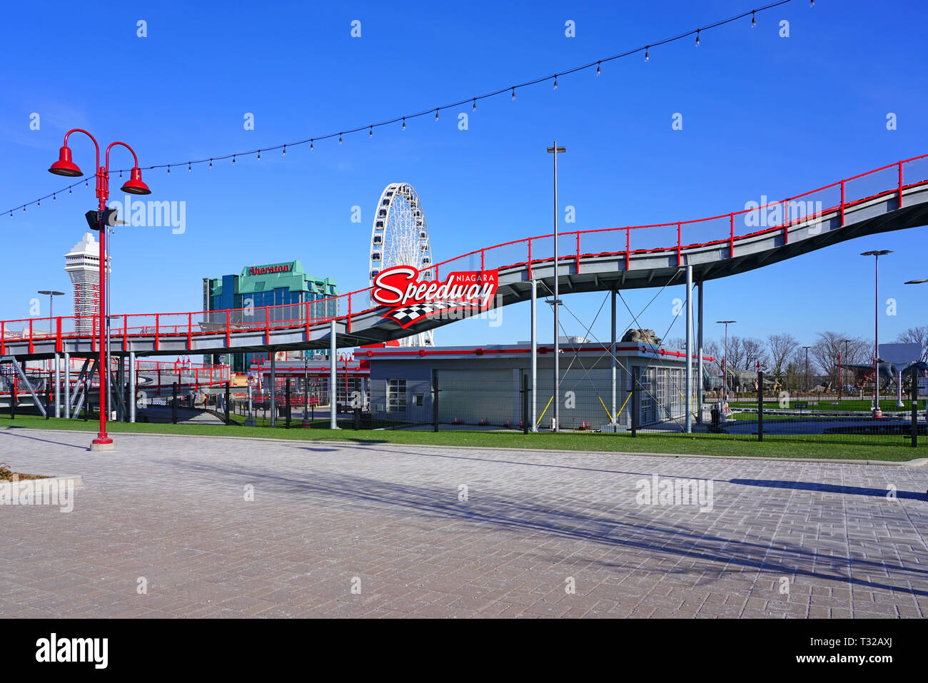 NIAGARA FALLS, CANADA -27 MAR 2019- View of the Niagara Speedway rollercoaster tourist ...
