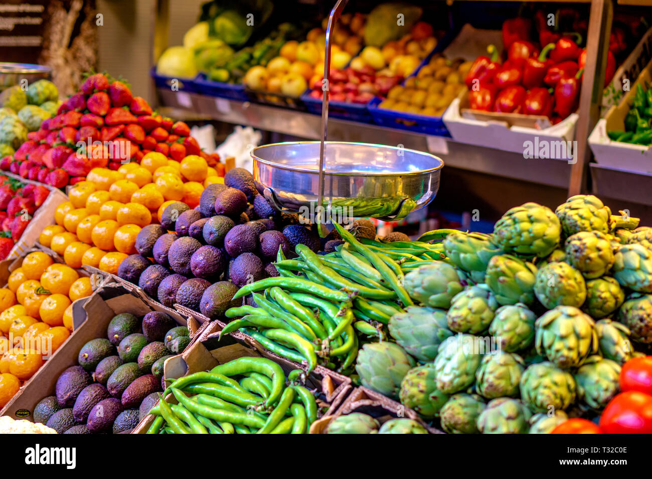 colorful fruits and vegetables in blocks with an scale on farmers ...