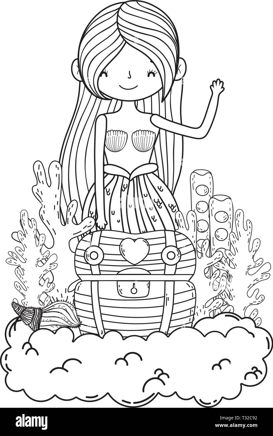 beautiful mermaid with treasure chest in clouds vector illustration ...