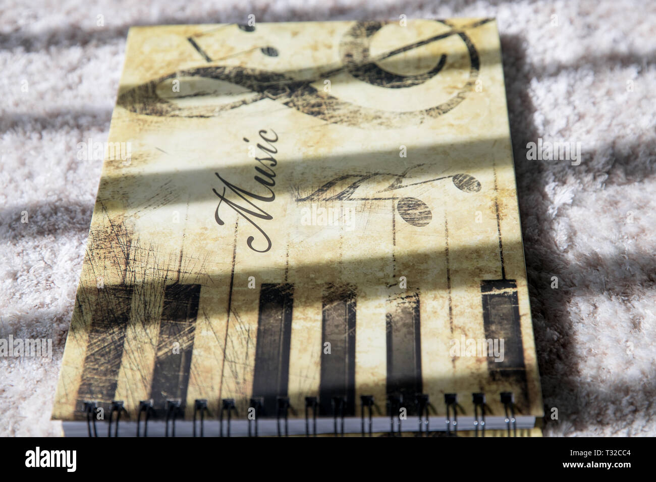 Musical note book on white carpet background - Image Stock Photo - Alamy