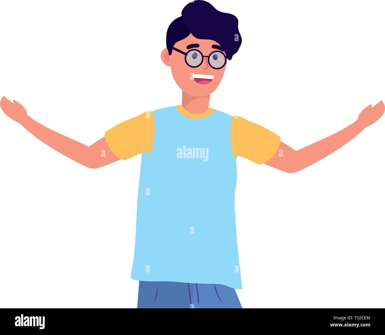 young happy man upper body raised hands cartoon vector illustration ...