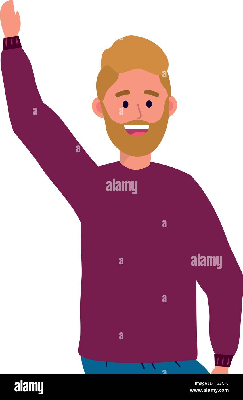 young happy man upper body raised hand cartoon vector illustration ...