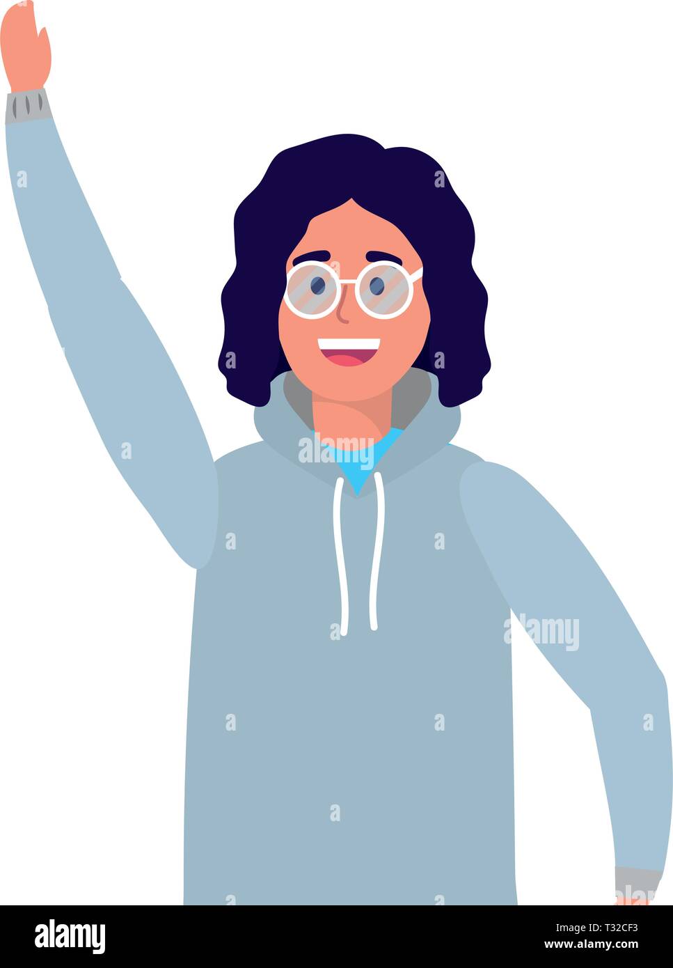 young happy man raised hand cartoon vector illustration graphic design ...