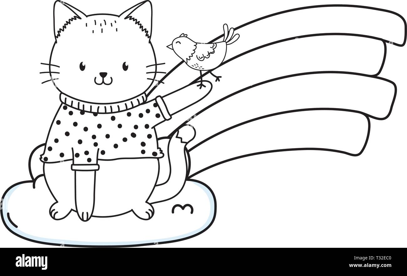 cute cat in cloud with rainbow woodland character vector illustration ...