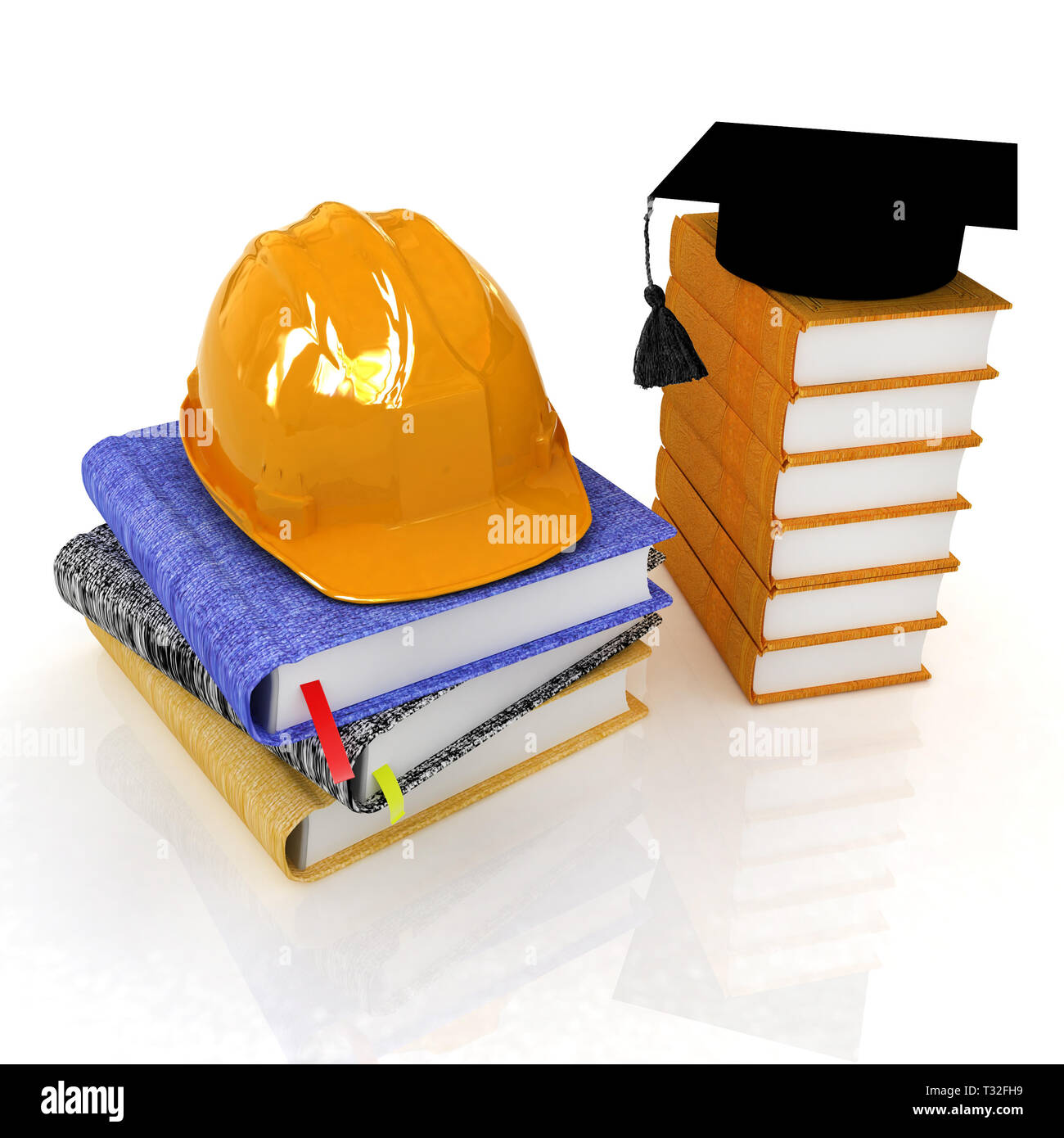 Hard hat and graduation hat on a leather books and notes. The concept ...