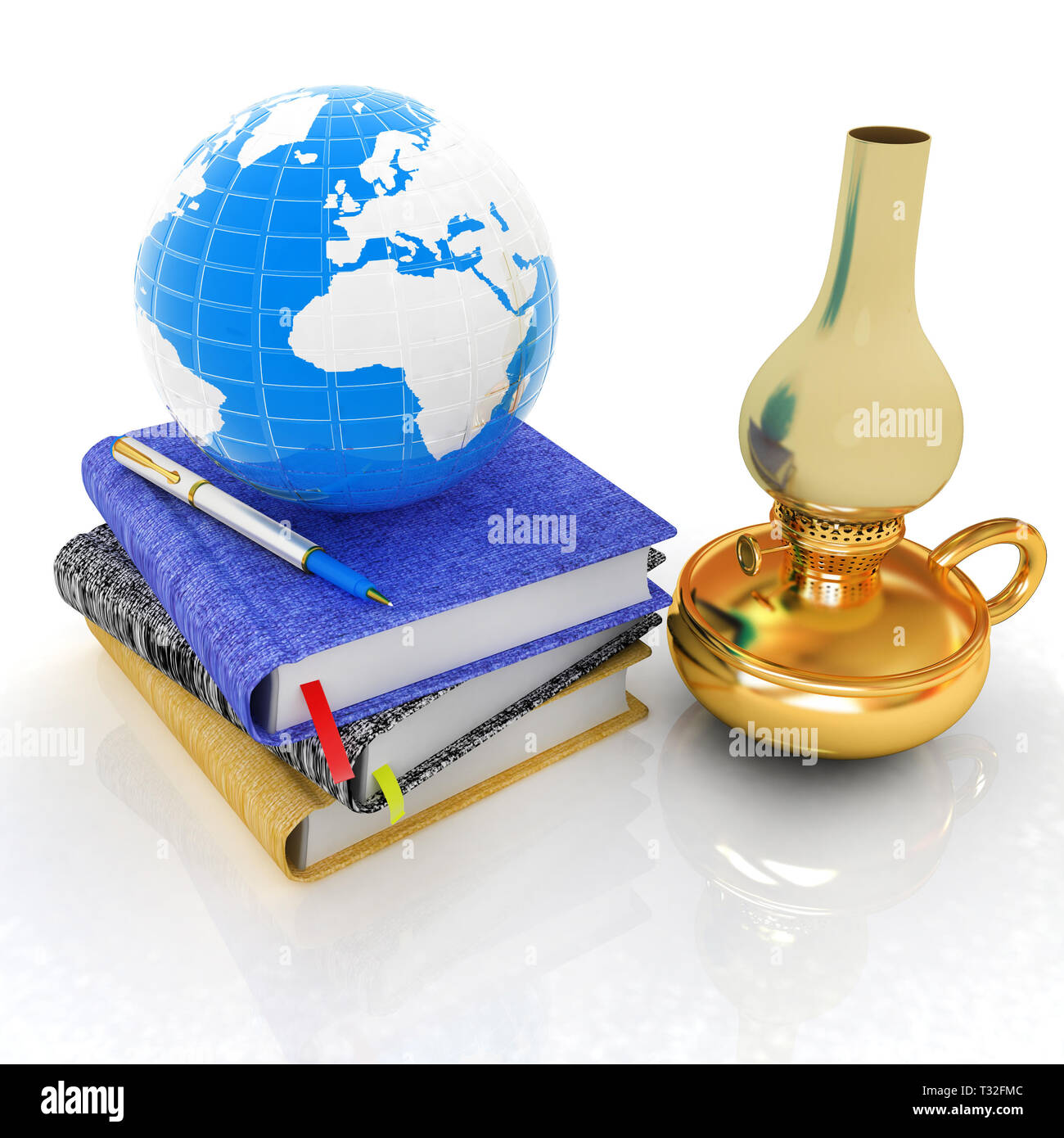 Classic global scene with Earth, kerosene lamp and notebooks. 3d render ...