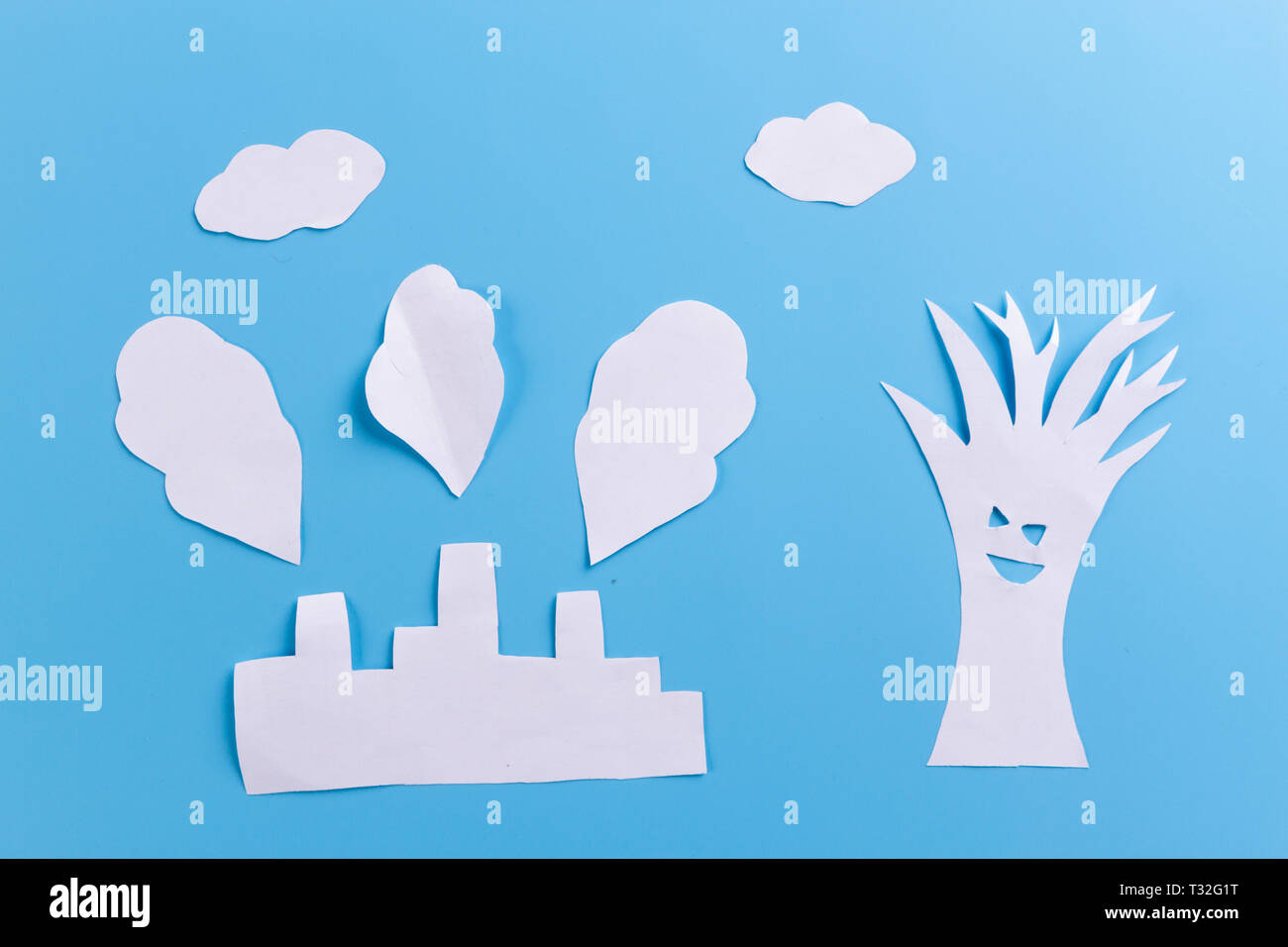 paper factory on blue background. environmental pollution concept Stock ...