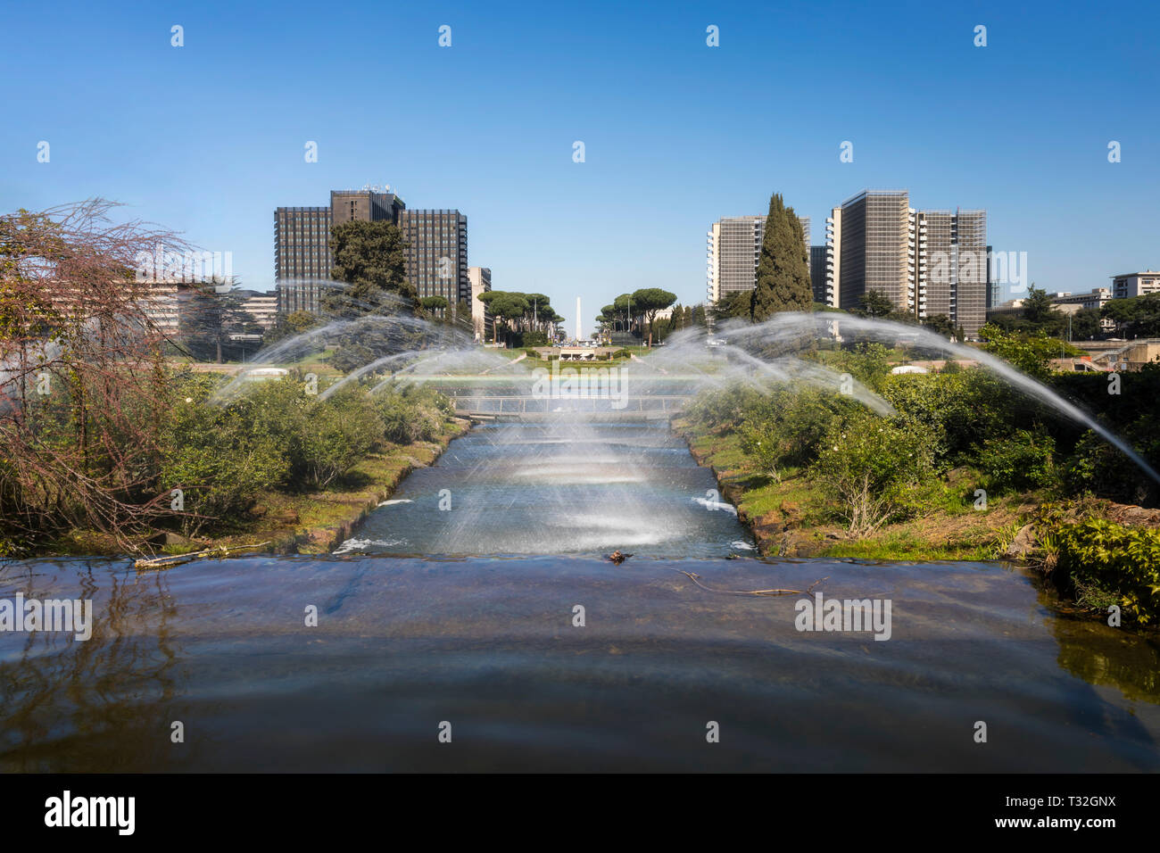 Palaces of the Eur district in Rome and in the background the Obelisk ...