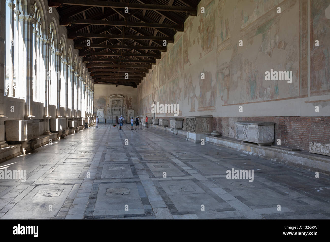 Pisa, Italy - June 29, 2018: Panoramic view of interior of Campo Santo ...