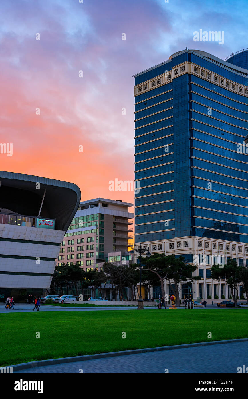 Azerbaijan, Baku, March 01, 2019 Modern building Park Bulvar business ...