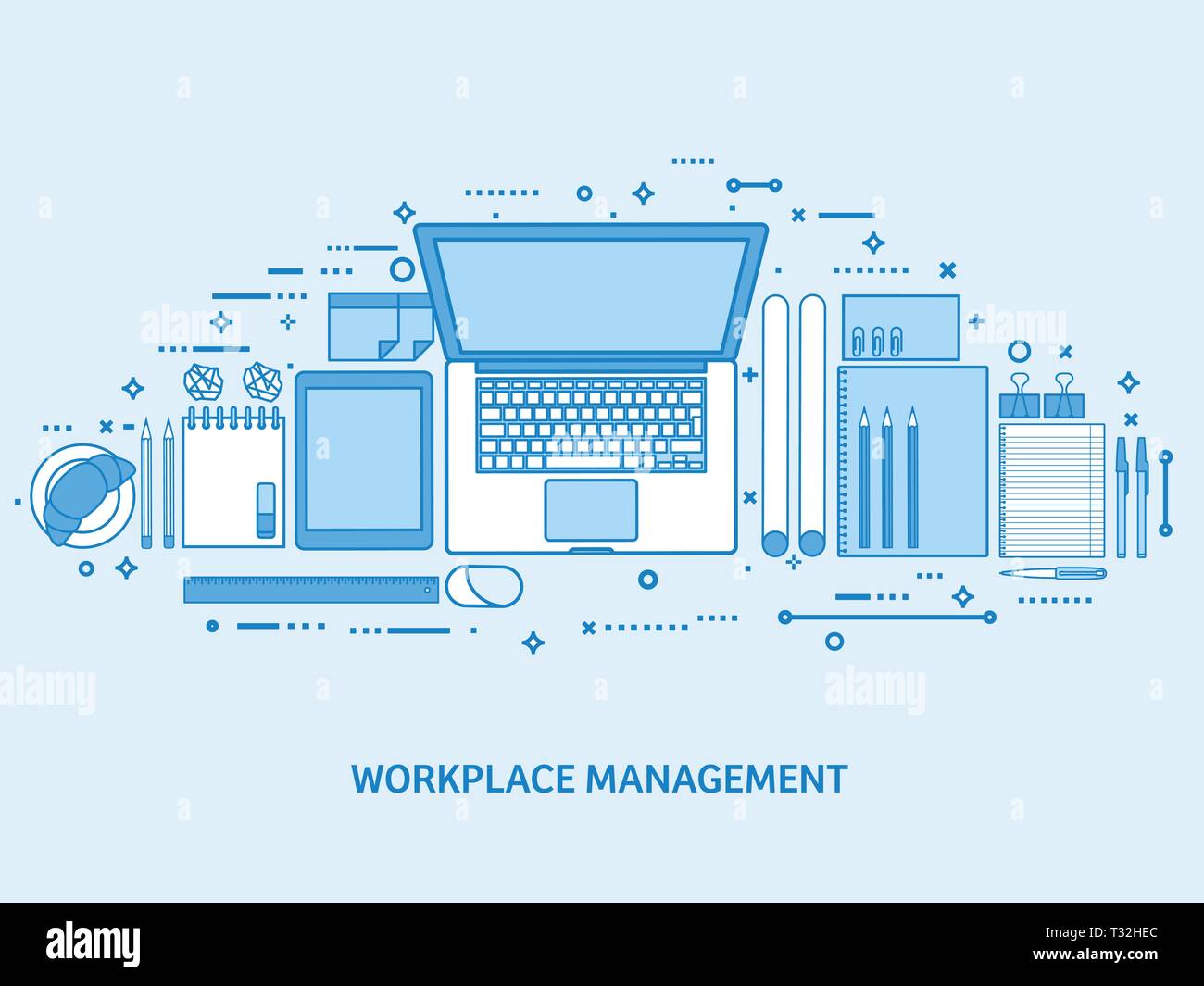 Workplace with computer, laptop, documents, papers, notepad and pencil ...