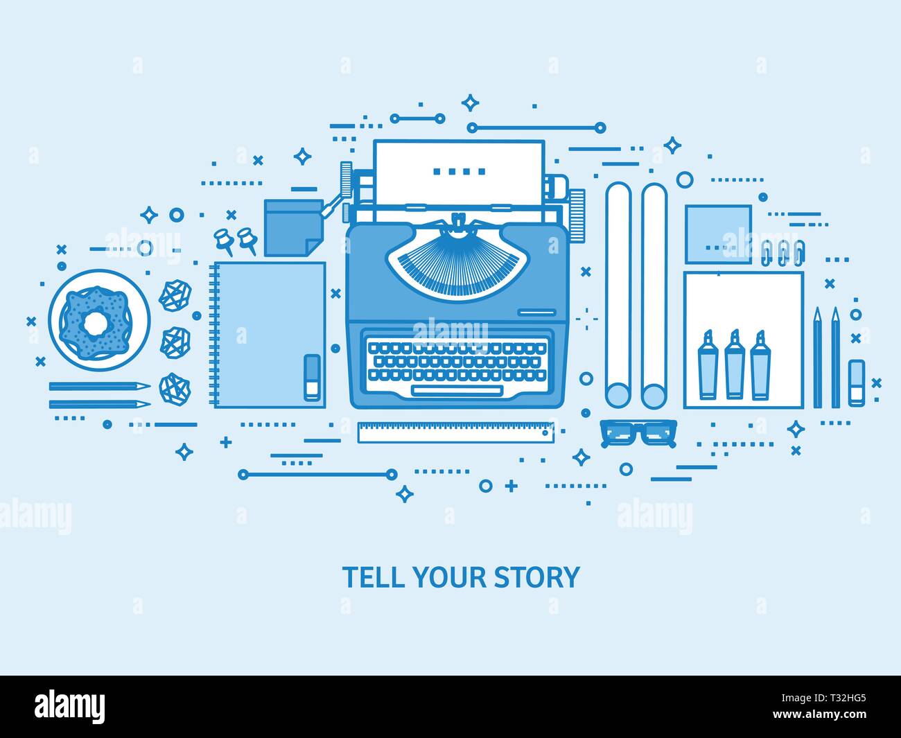 Typewriter on a table. Tell your story. Author. Blogging platform. Flat ...