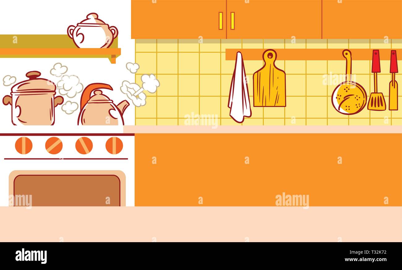 The illustration shows the interior of kitchen and kitchen utensils in ...