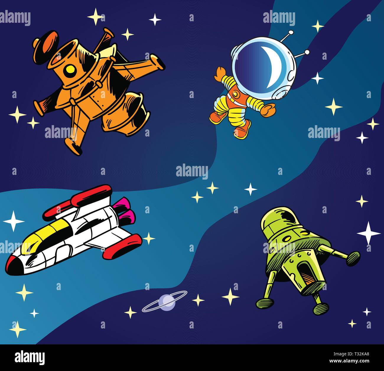 The illustration shows several types of spacecraft and one astronaut on ...