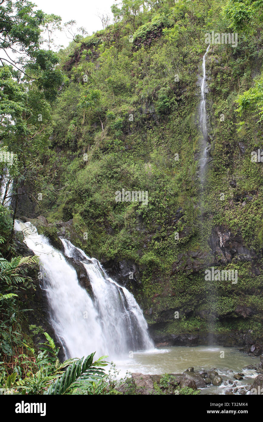 Three Bears Falls, also known as Upper Waikani Falls, cascading down a ...