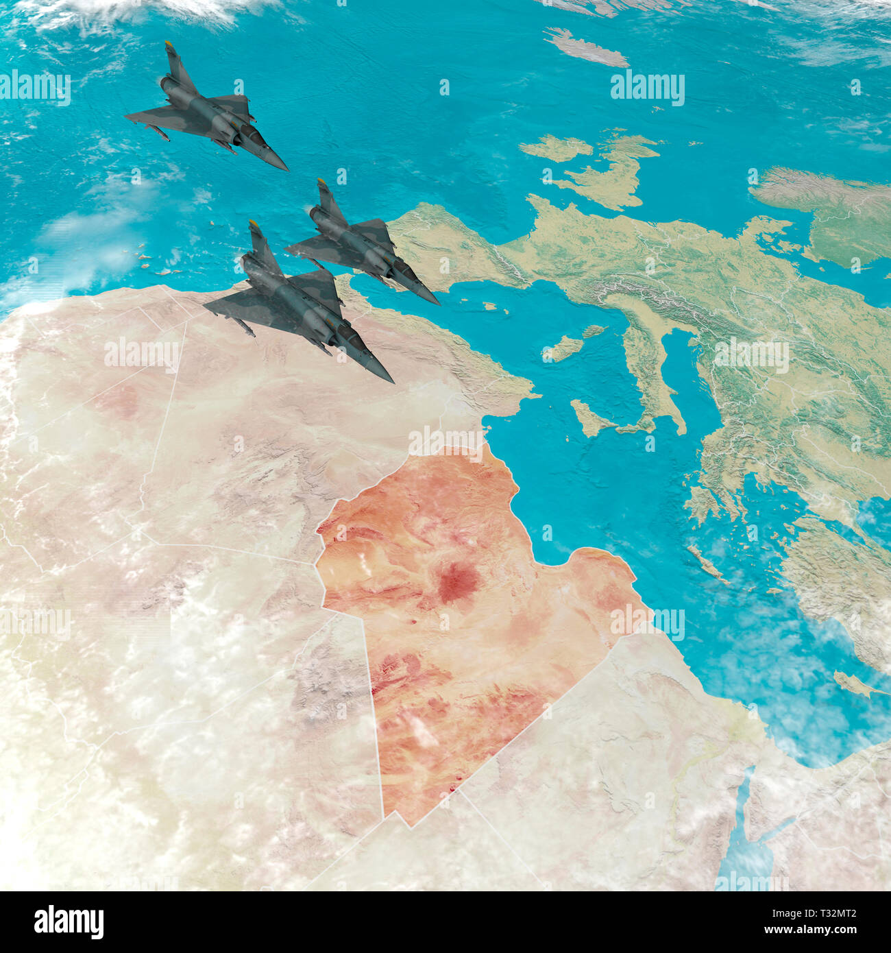 Fighter jets flying over Libya, 3d map of North Africa and Europe. War ...