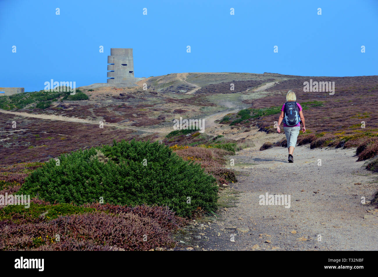 Woman Hiker Walking on Coastal Path to the Concreate WW2 German ...