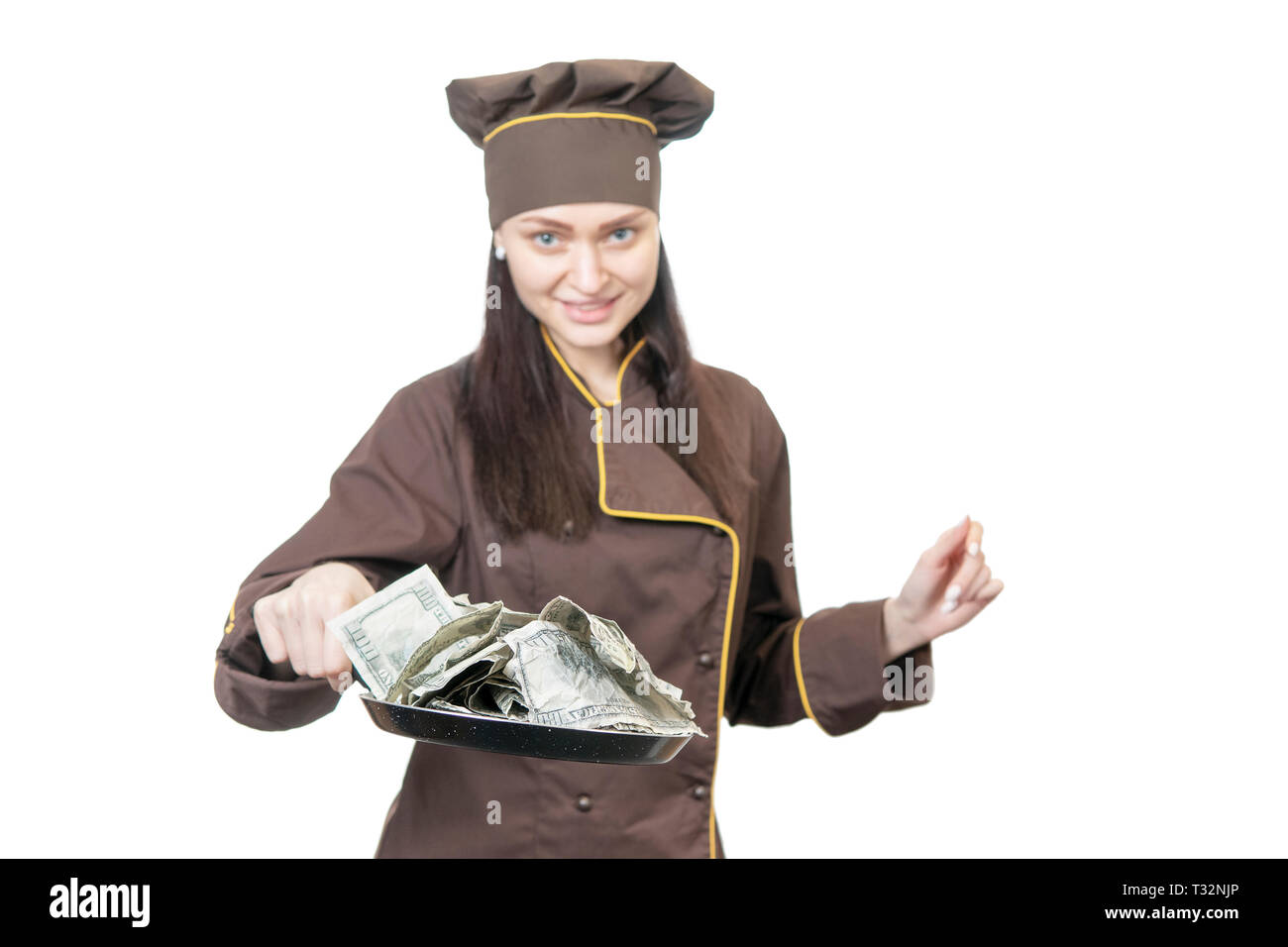 cheerful chef offering money on a griddle stretching it to the camera ...