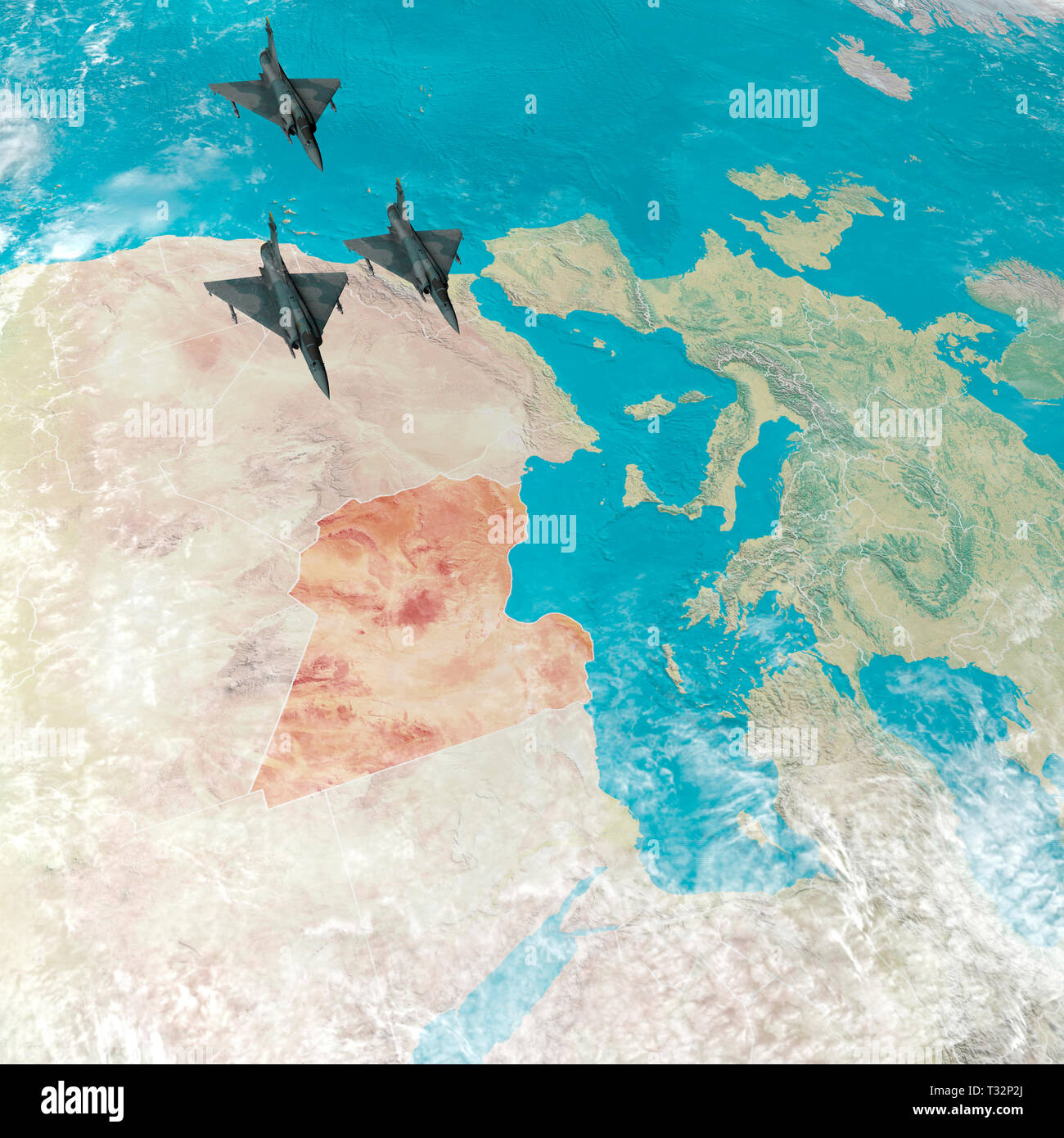 Fighter jets flying over Libya, 3d map of North Africa and Europe. War ...