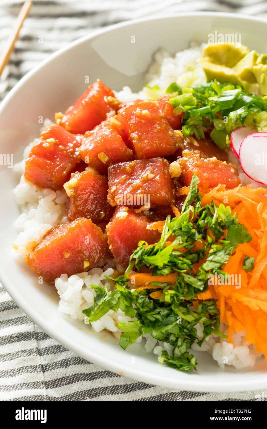 Homemade Ahi Tuna Poke Bowl with Rice and Vegetables Stock Photo - Alamy