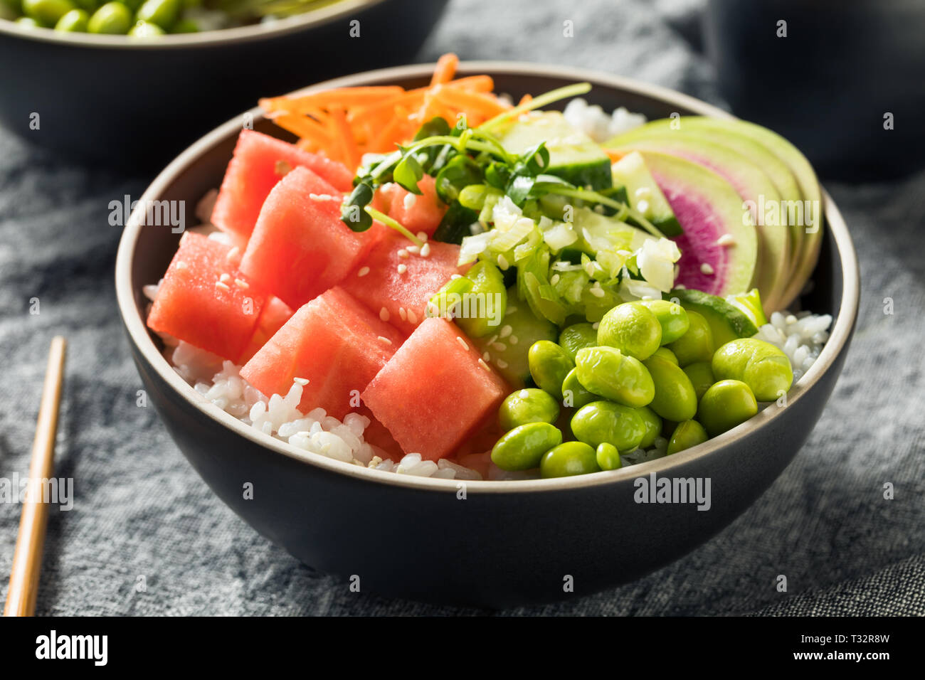 Homemade Vegan Poke Bowl with Rice and Watermelon Stock Photo - Alamy