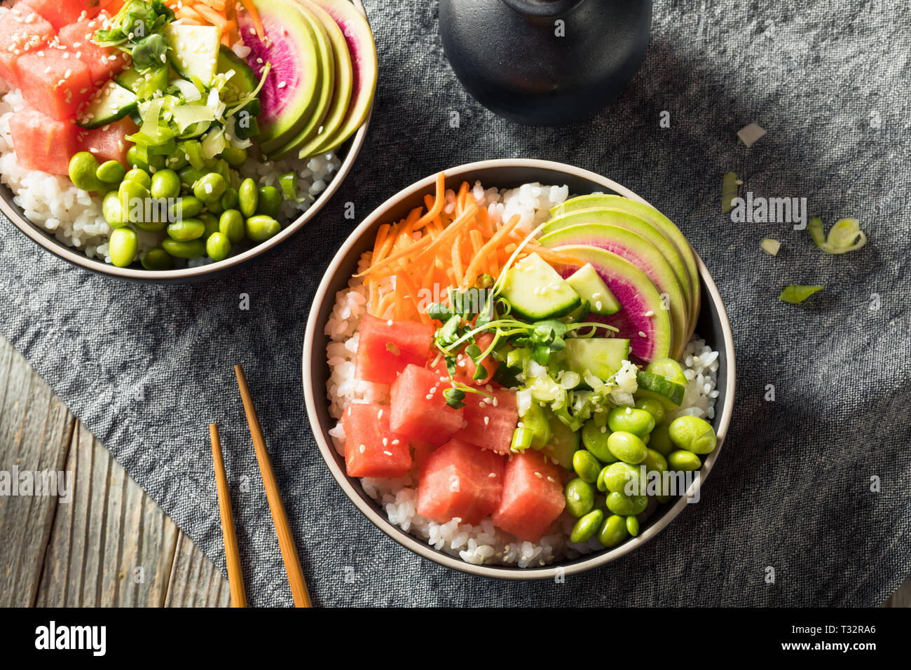 Homemade Vegan Poke Bowl with Rice and Watermelon Stock Photo - Alamy
