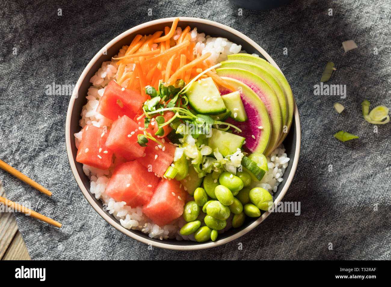 Homemade Vegan Poke Bowl with Rice and Watermelon Stock Photo - Alamy
