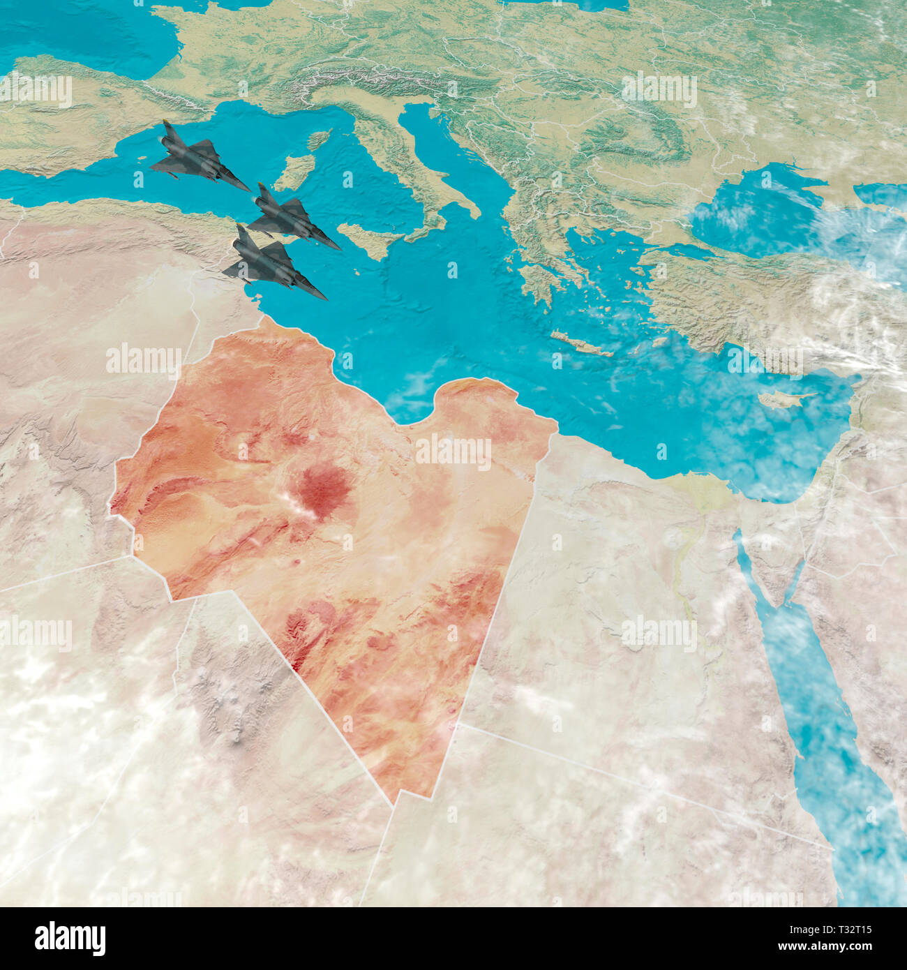 Fighter jets flying over Libya, 3d map of North Africa and Europe. War ...