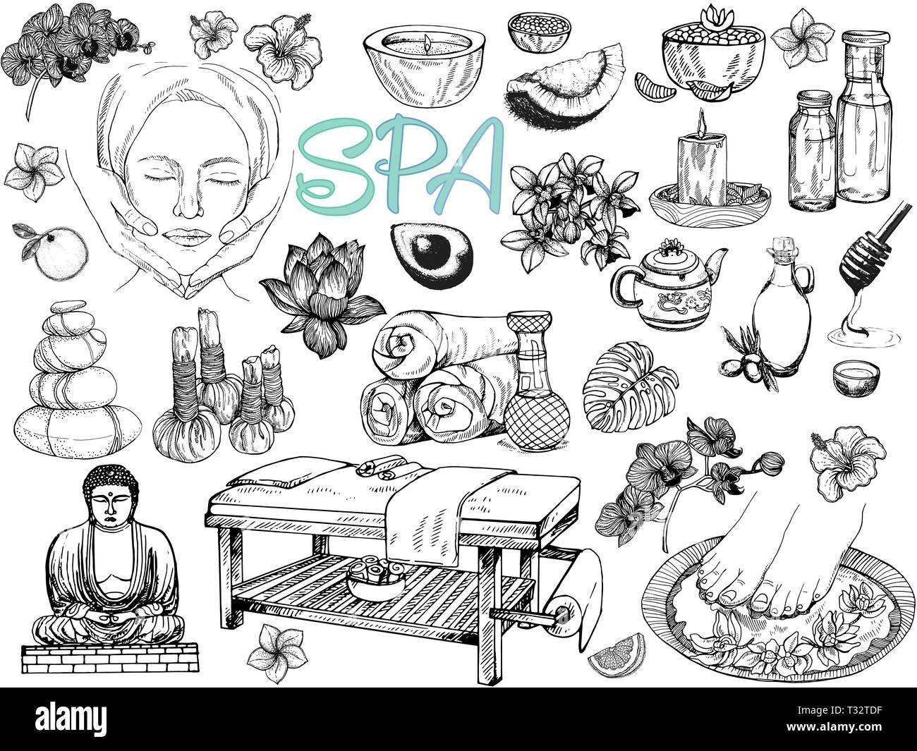 Big set of hand drawn sketch style day spa themed objects isolated on ...