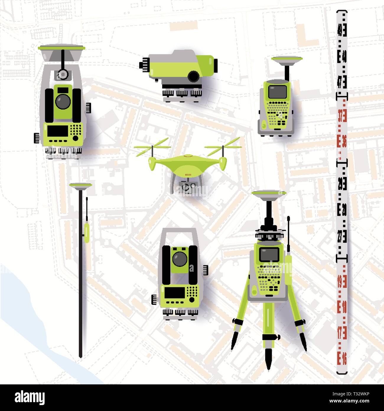 Geodetic equipment vector illustration. Measuring instruments in flat ...