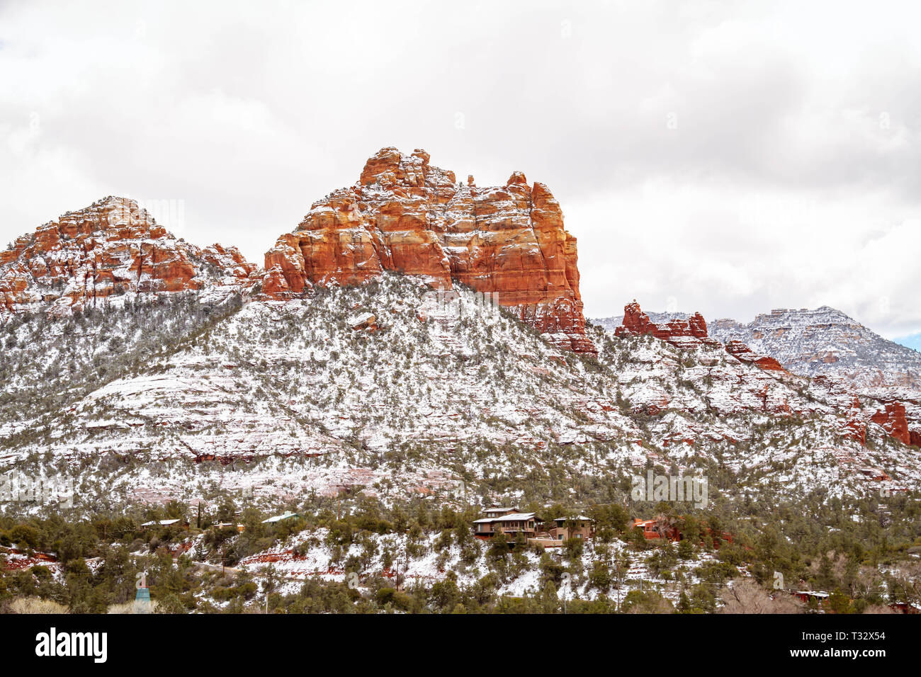 A rare snow covering the red rocks of Sedona, Arizona. The image ...