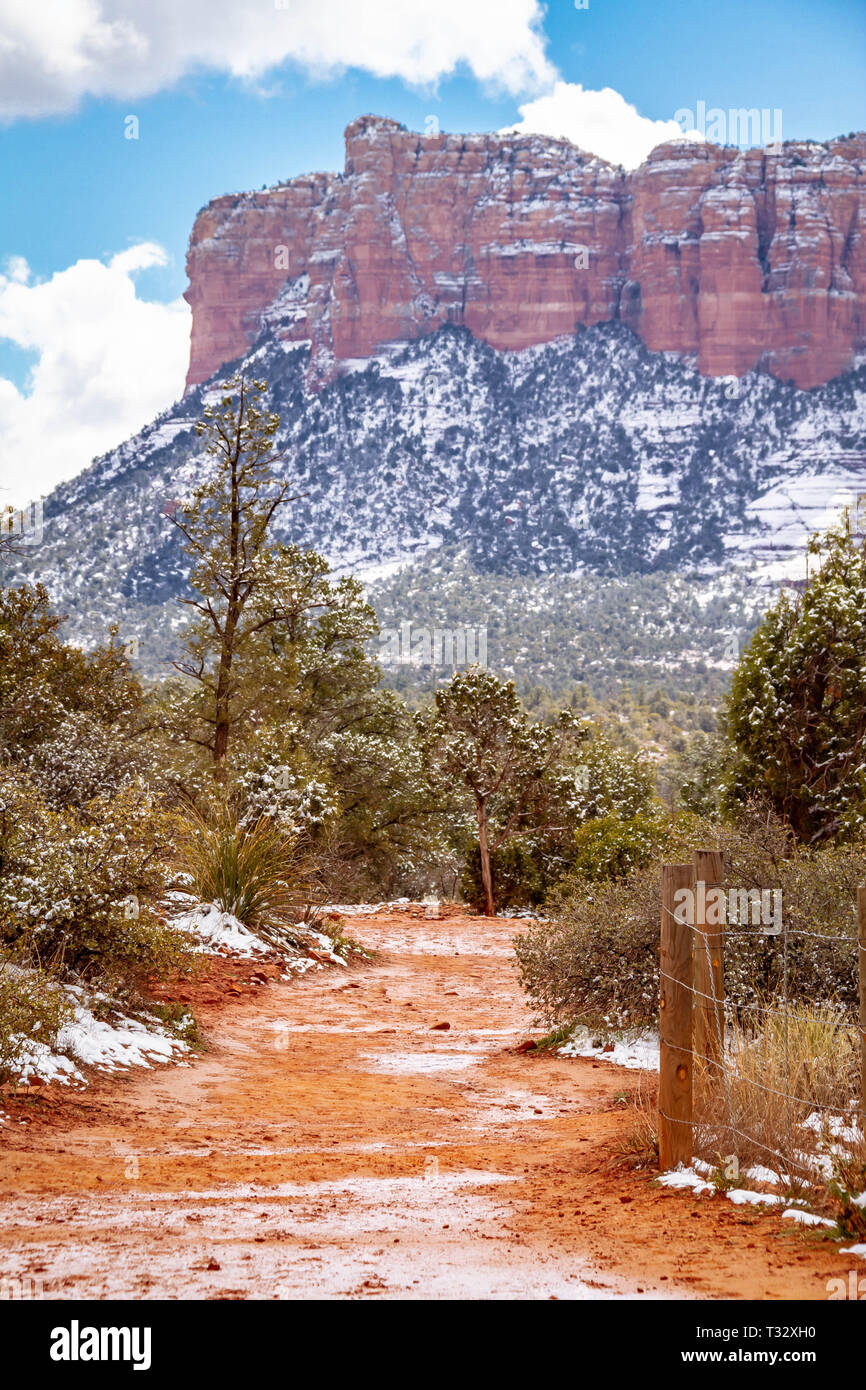 The red rock mountains of Arizona with a red dirt trail leading the ...