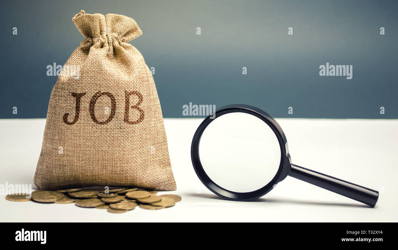 Money Bag With The Word Job And A Magnifying Glass Work Search Concept Available Job Vacancies money-bag-with-the-word-job-and-a-magnifying-glass-work-search-concept-available-job-vacancies