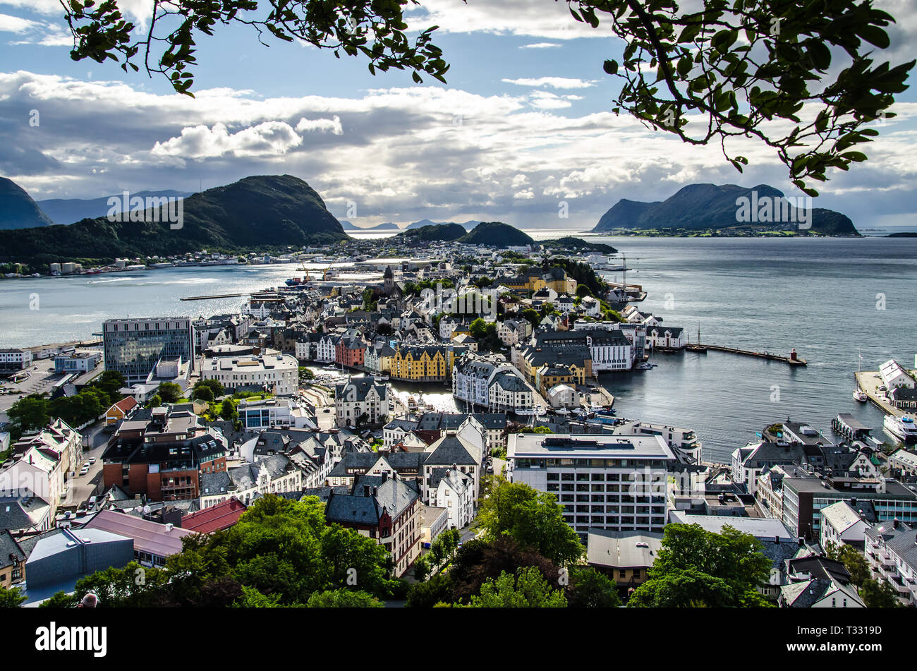 Overview of Alesund town from the Aksla viewpoint during the late ...