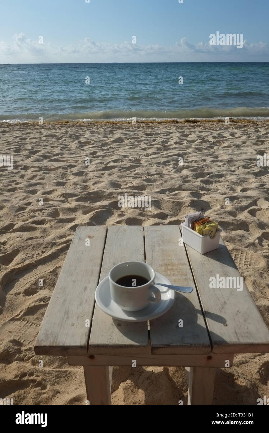 Black coffee served on the beach at Playa del Carmen, Mexico Stock ...