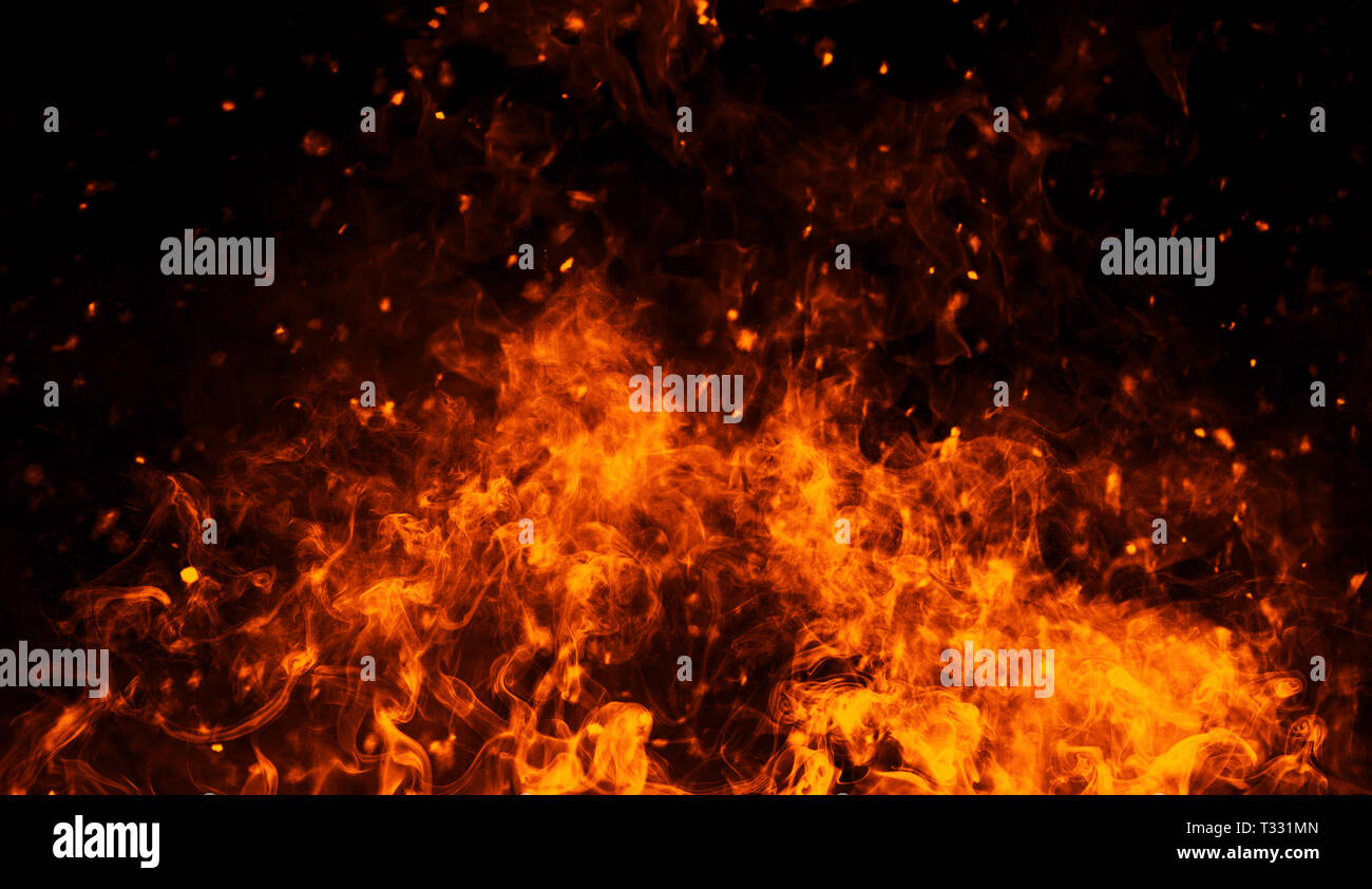 Realistic isolated fire effect for decoration and covering on black ...