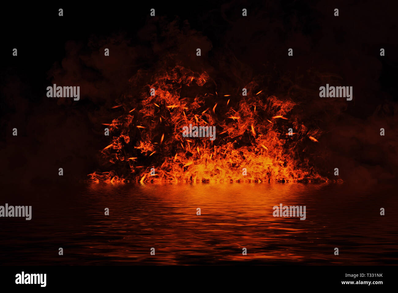 Blaze fire flame texture overlays on isolated background with water ...