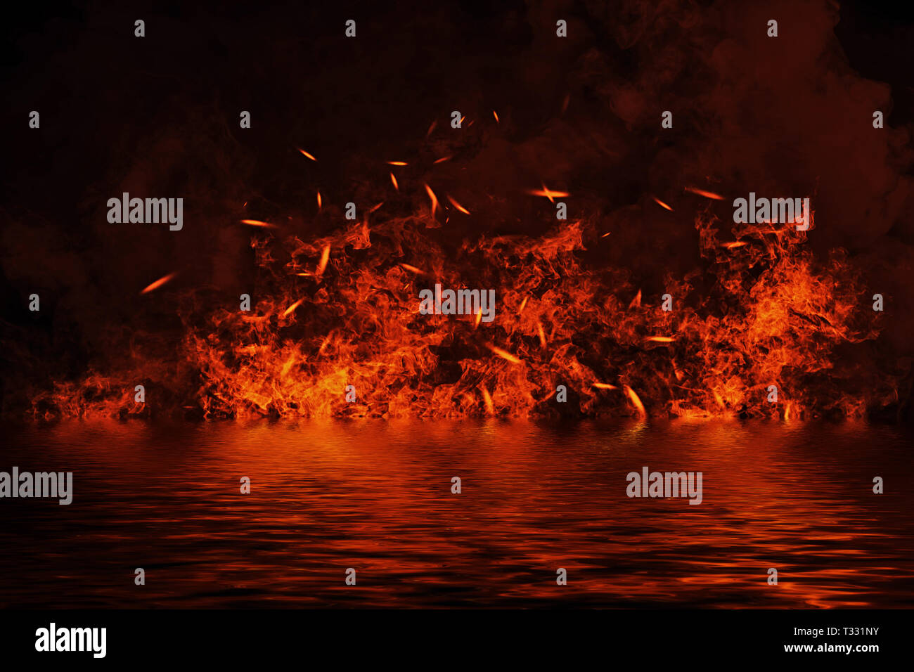 Blaze fire flame texture overlays on isolated background with water ...