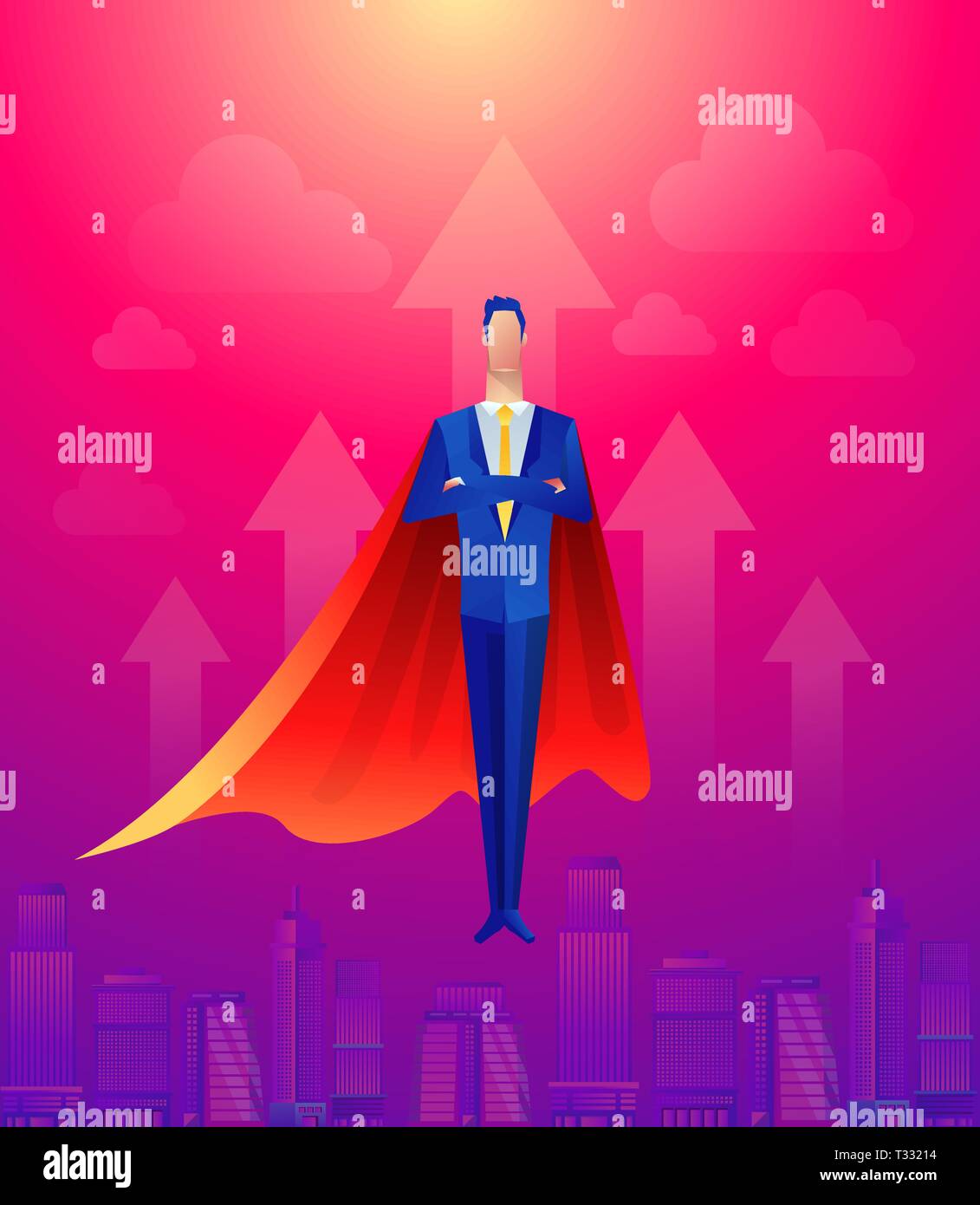 Handsome Businessman super leader flying in front of civil city and ...