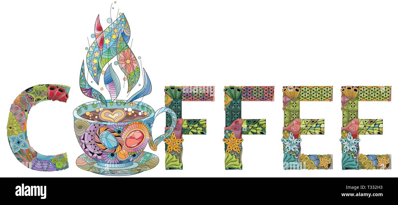 Hand-painted art design. Hand drawn illustration word COFFEE with cup ...