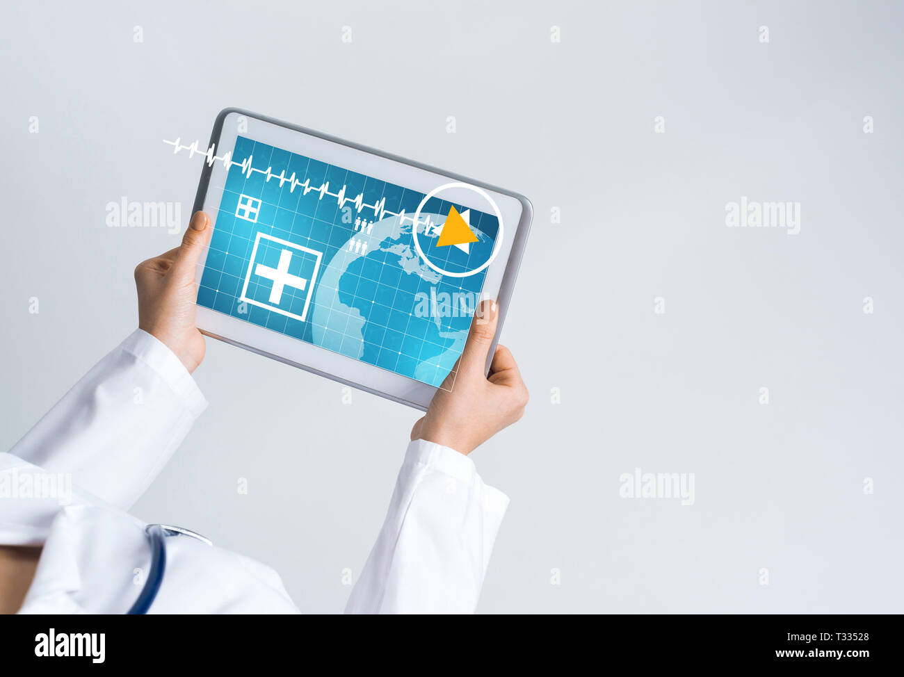 Tablet pc device with medicine interface screen in hands of doctor ...