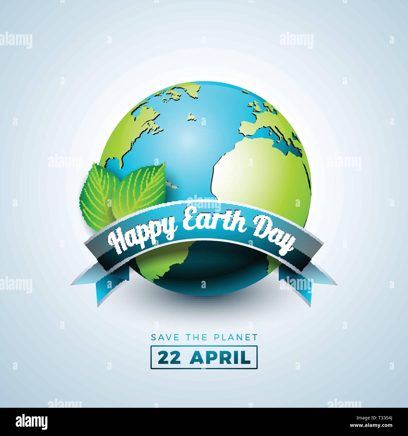 Earth Day illustration with Planet and Green Leaf. World map background ...