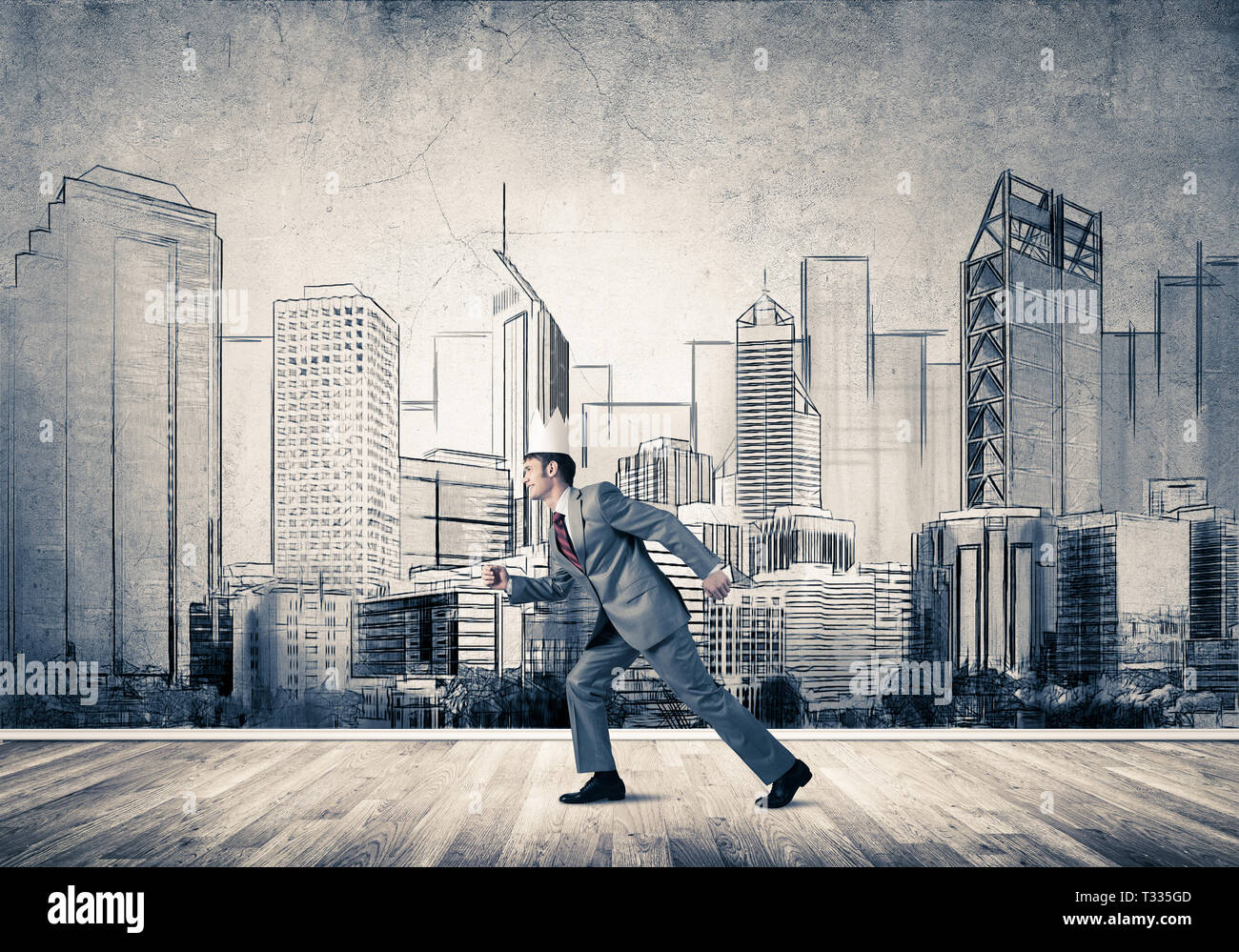 Young handsome businessman wearing white paper crown running in a hurry ...